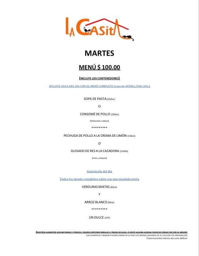 Menu at RESTAURANTE LA CASITA, Naucalpan, Calle Clavelinas 164 02800