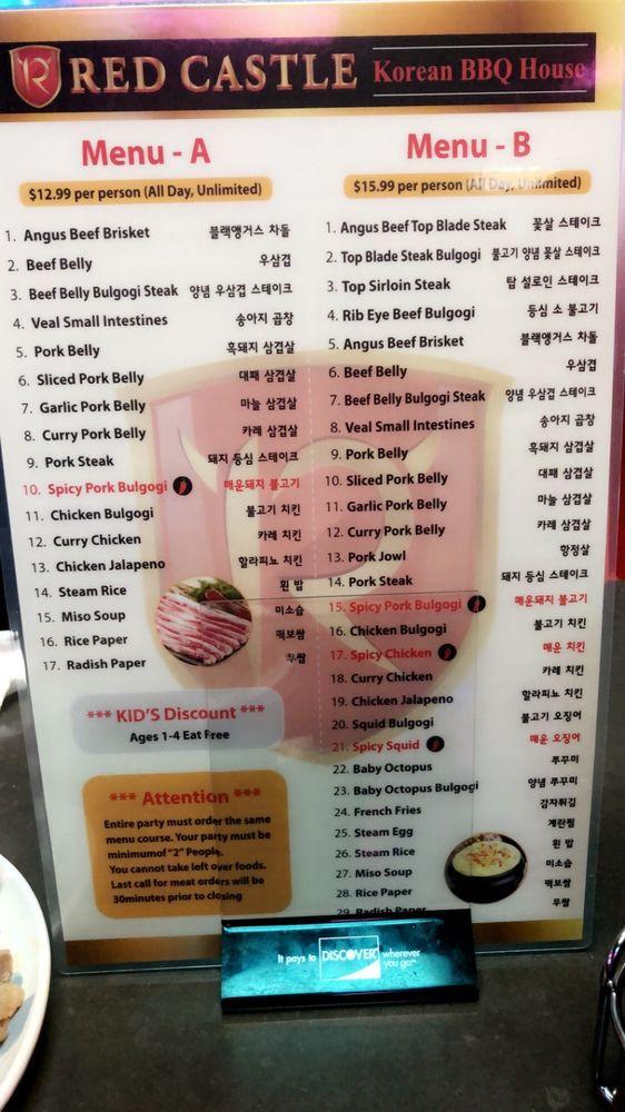 Menu at Red Castle Korean BBQ, Rialto