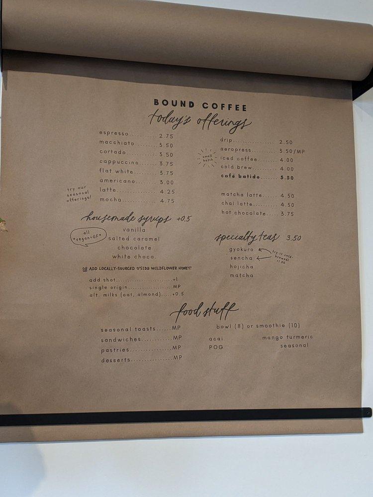 Menu at Bound Coffee Company, Oceanside
