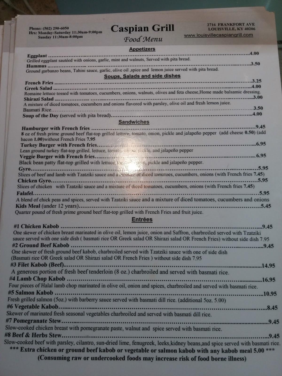 Menu at Caspian Grill Persian Bistro restaurant, Louisville, Frankfort Ave