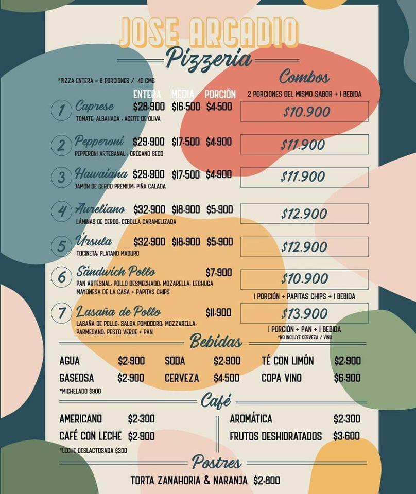 Menu at Jose Arcadio pizzeria, Pereira