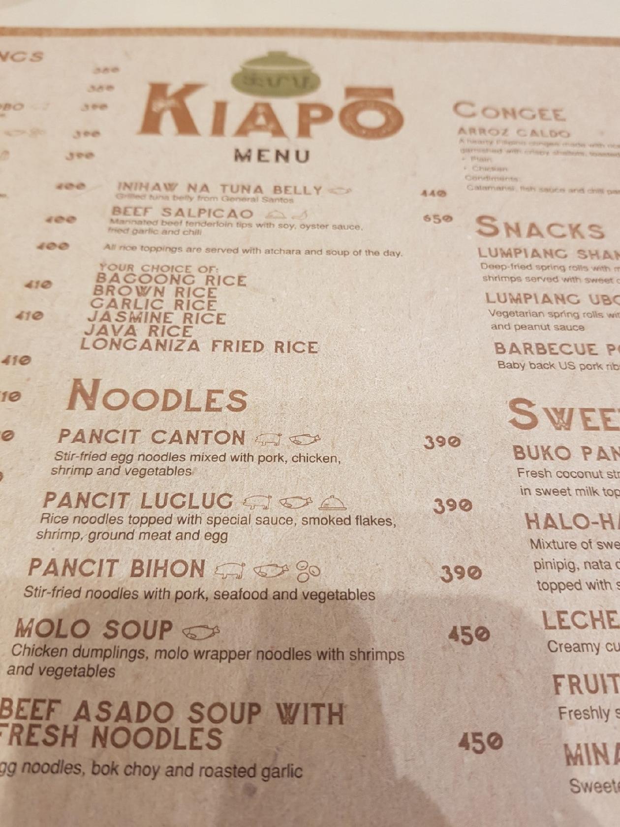 Menu at Kiapo restaurant, Parañaque, Okada Manila
