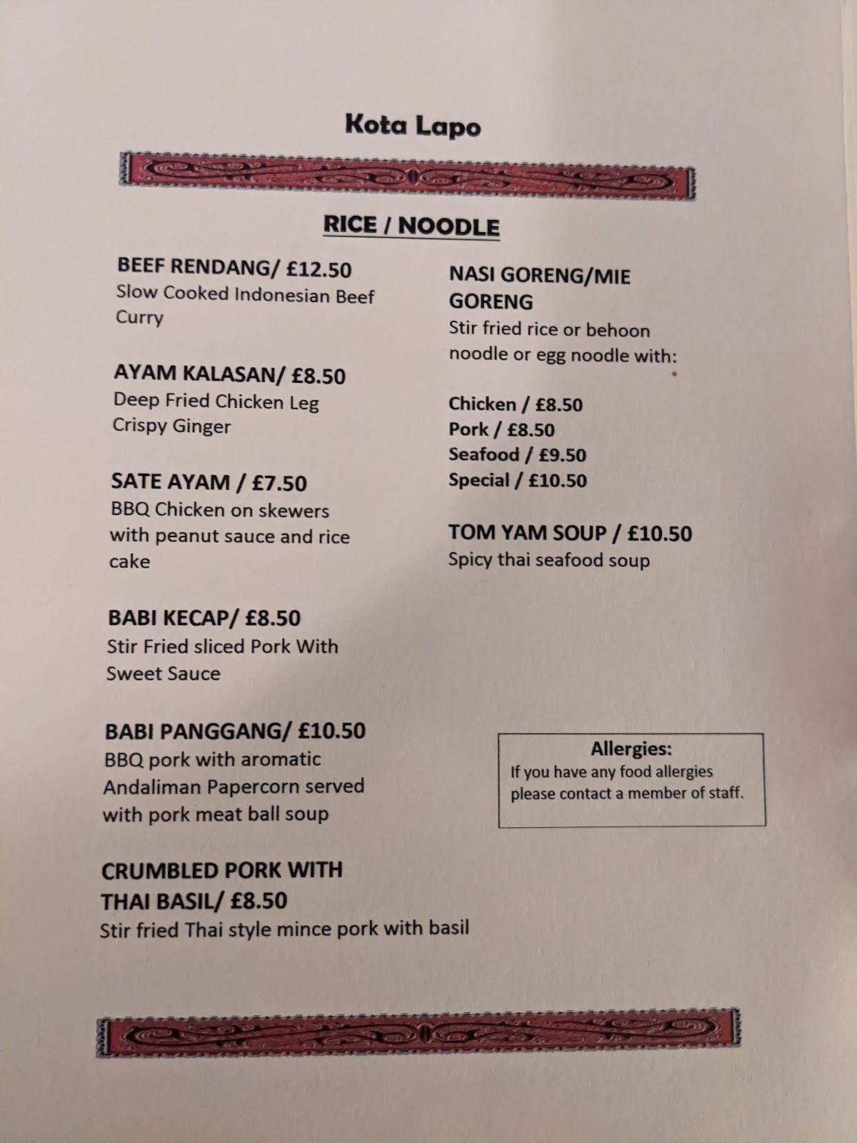 Menu at Kota Lapo Indonesian Street Food restaurant, Glossop
