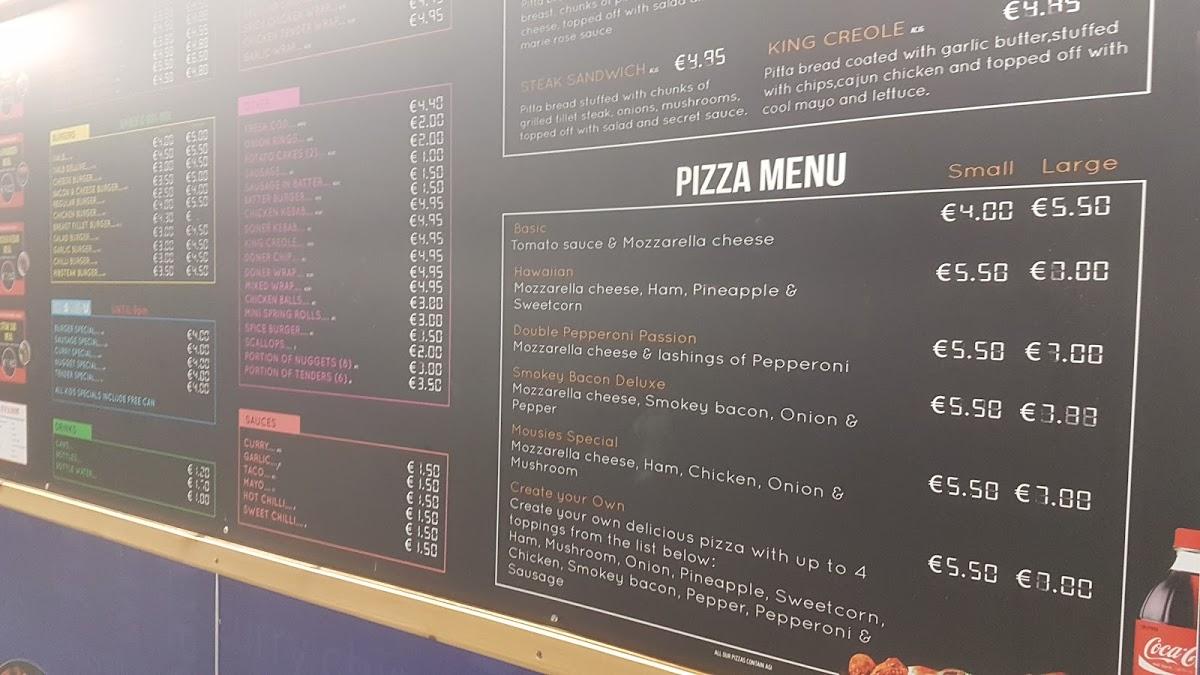 Menu at Mousies Takeaway restaurant, Dungarvan, Walton Park