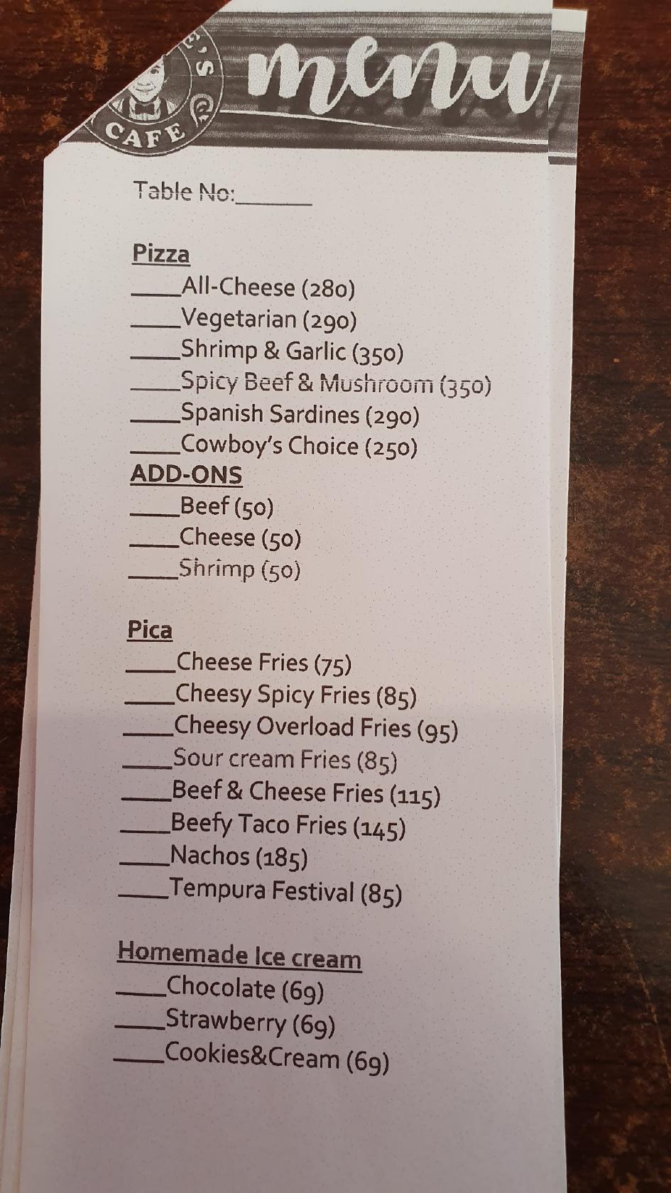 Menu at Mr. Moe's Cafe, Marawi City