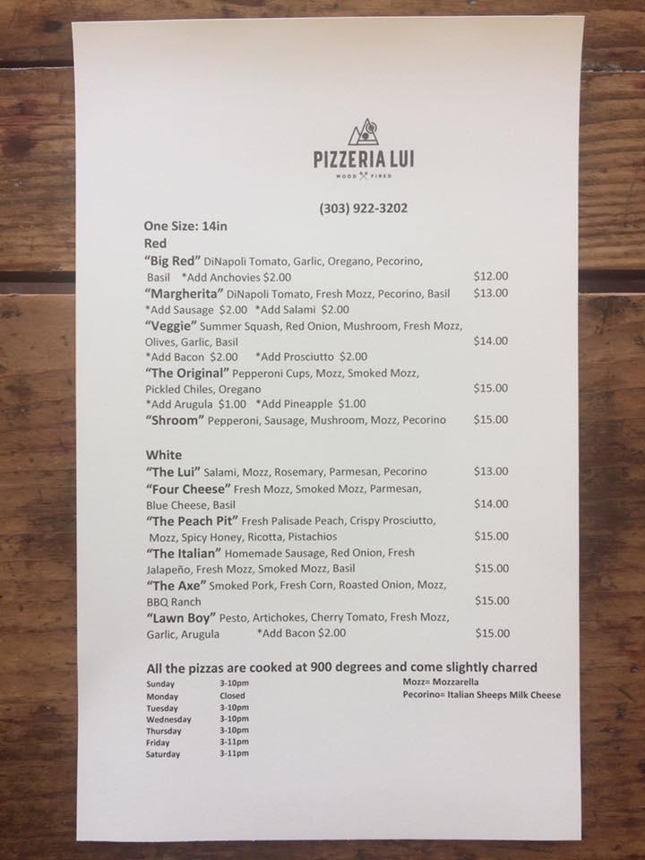 Menu at Pizzeria Lui, Lakewood