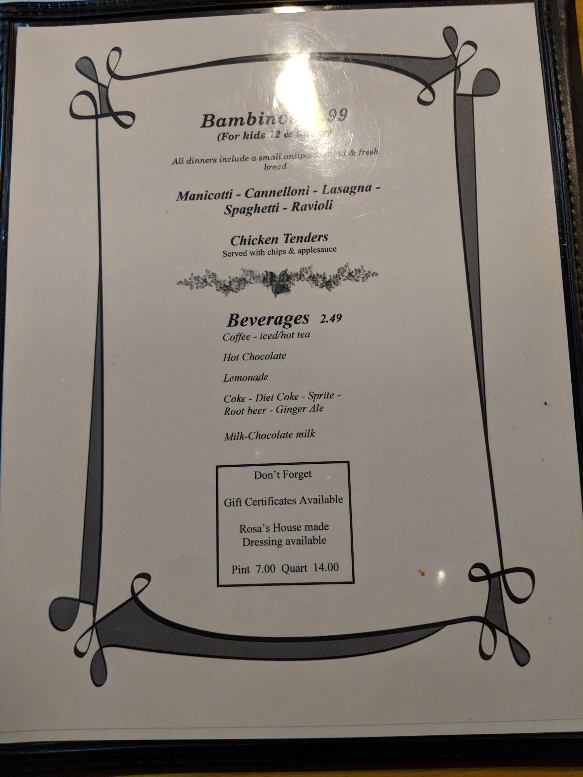 Menu at Rosa's Squeeze Inn restaurant, USA, US-23 North