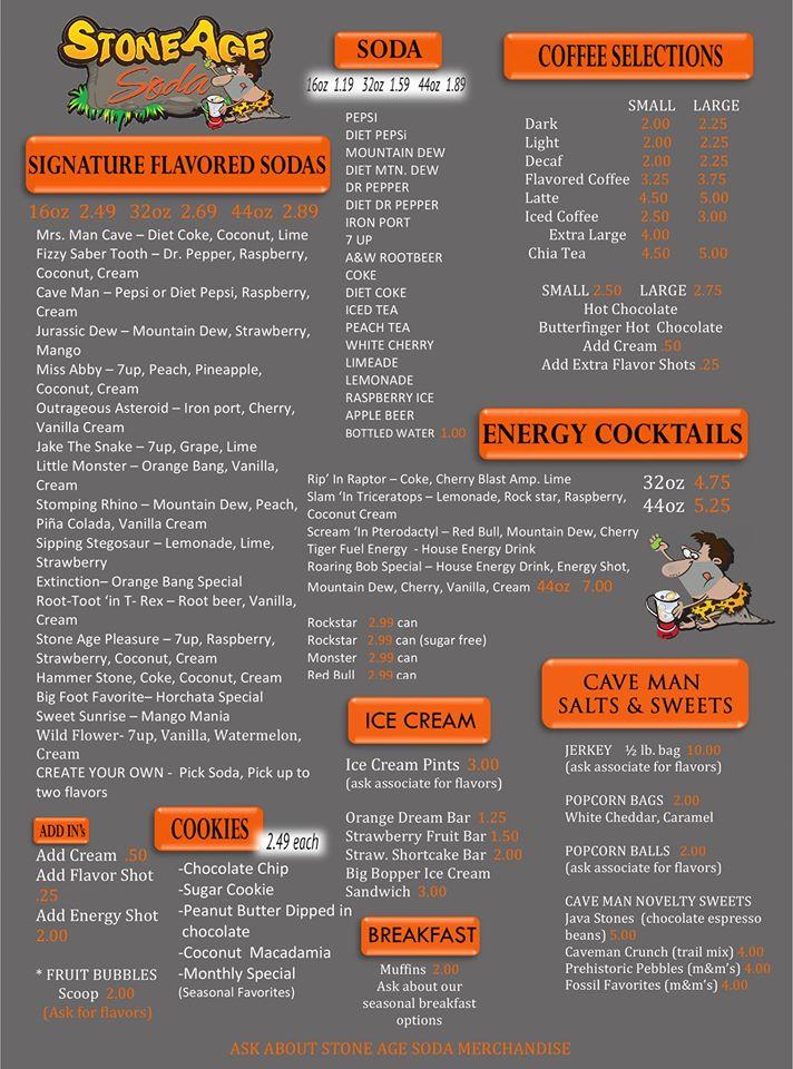 Menu at Stone Age Soda pub & bar, Montpelier