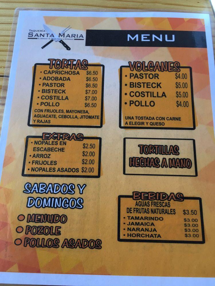 Menu at Taqueria Santa Maria restaurant, Fort Worth