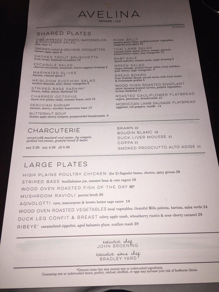 Menu at Avelina pub & bar, Denver
