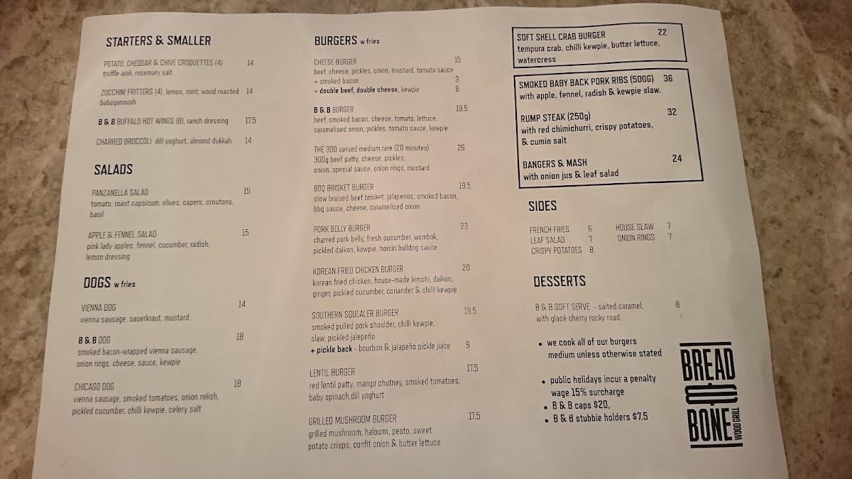 Menu at Bread & Bone restaurant, Adelaide
