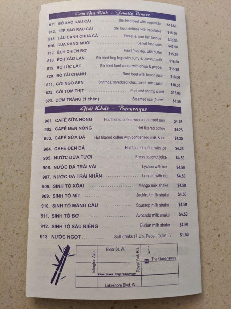 Menu at Hoai Huong Restaurant, Toronto
