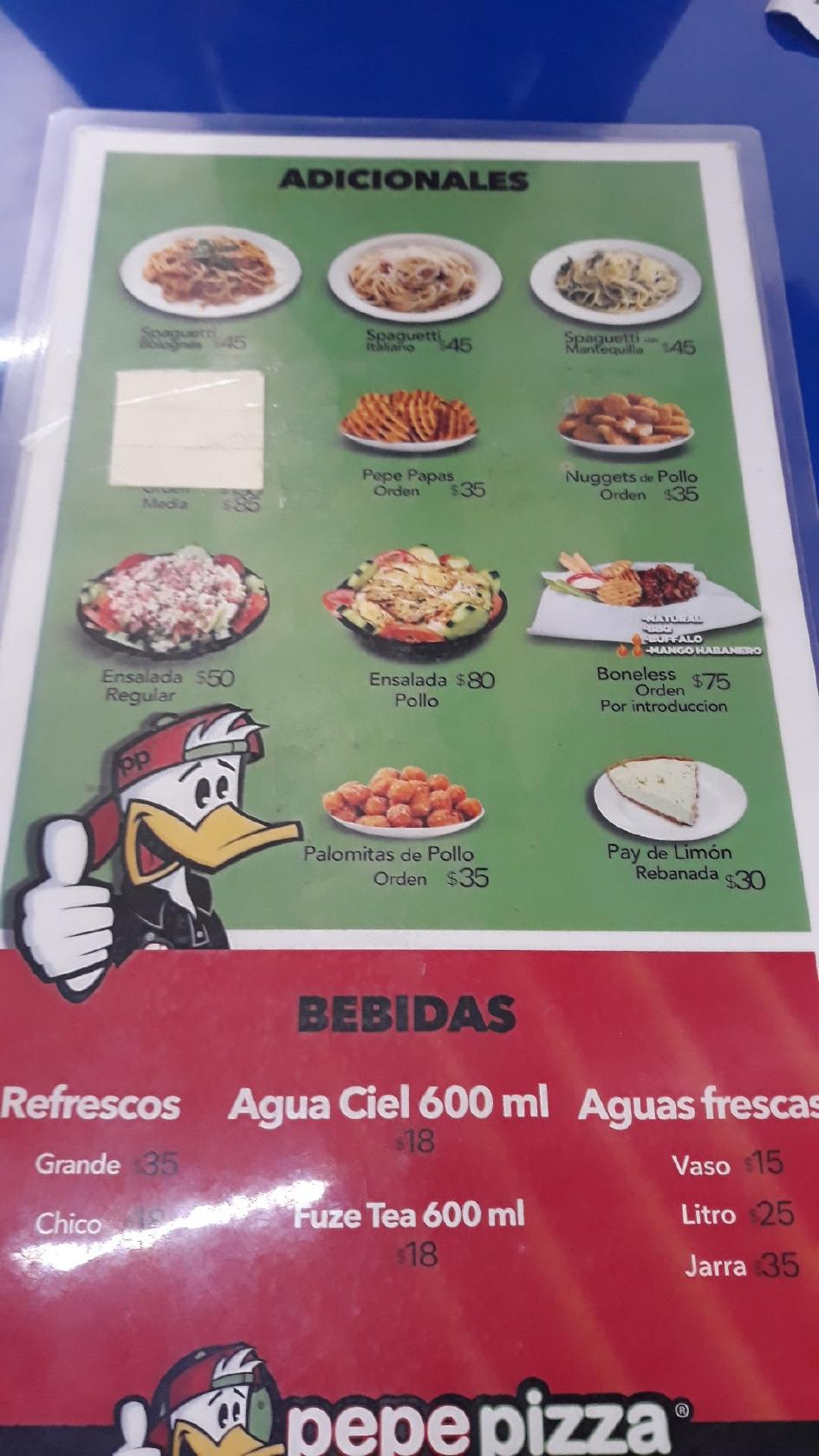 Menu at Pepe Pizza restaurant, Camargo