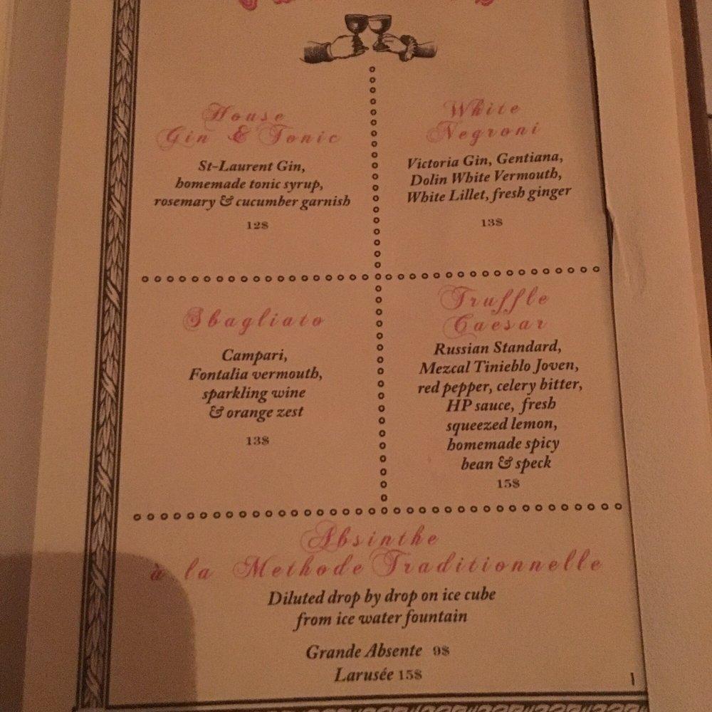 Menu at BARROCO, Montreal