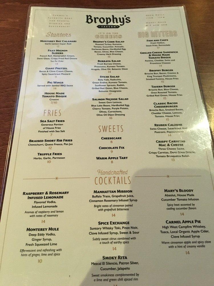 Menu at Brophy's Tavern pub & bar, Carmel-by-the-Sea