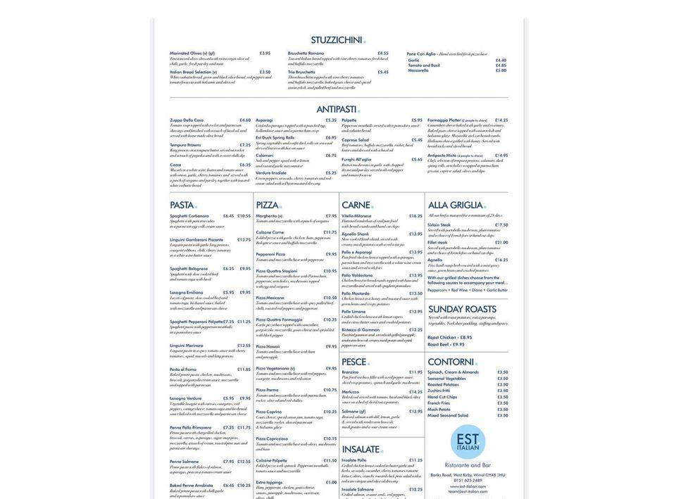 Menu at Est.Italian restaurant, Birkenhead