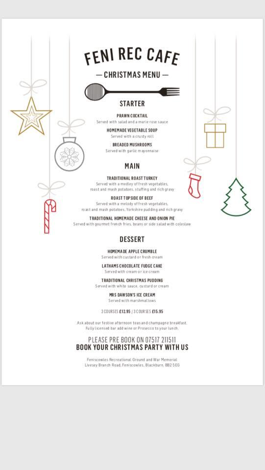Menu at Feni Rec Cafe, Blackburn