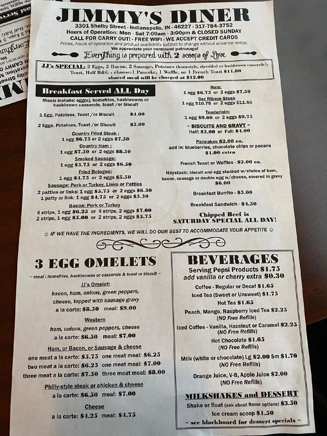 Carta del restaurante Jimmy's Diner, Indianapolis