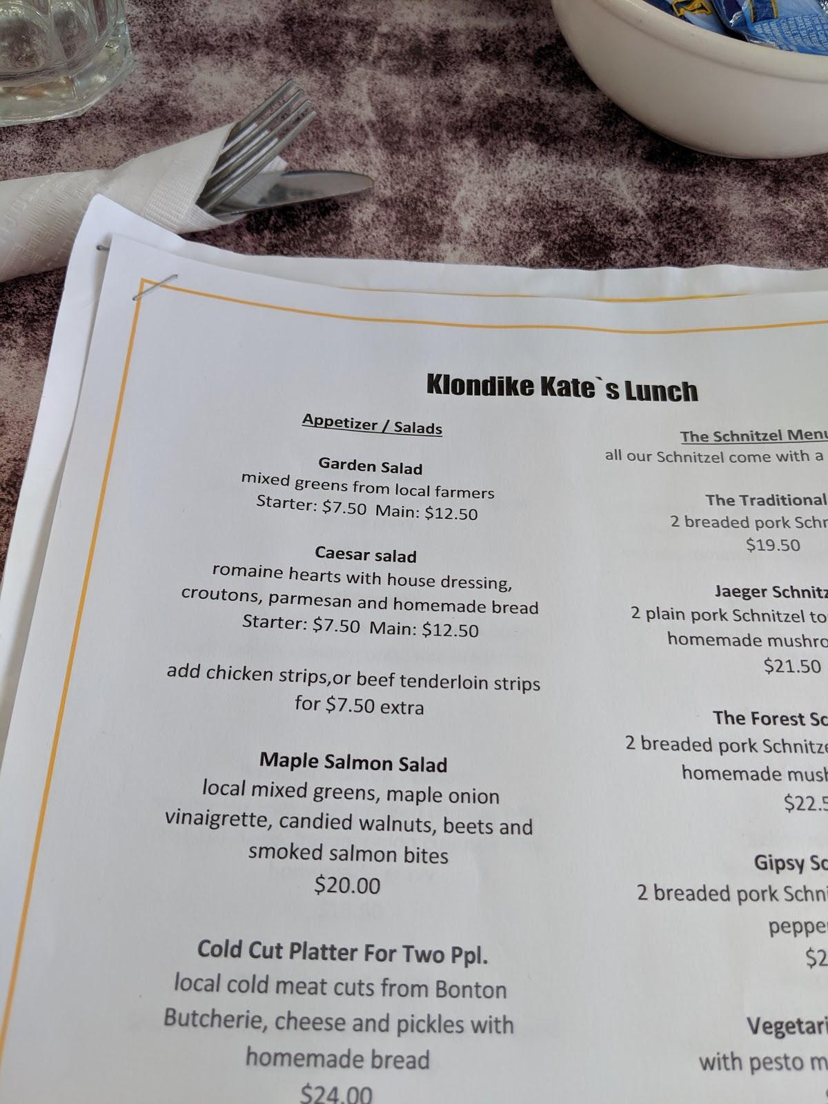 Menu at Klondike Kate's Restaurant, Dawson