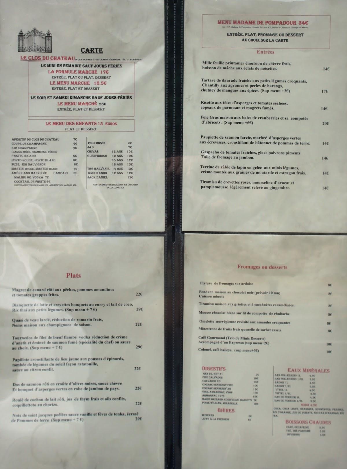 Carta del restaurante Le Clos du château, Champs-sur-Marne