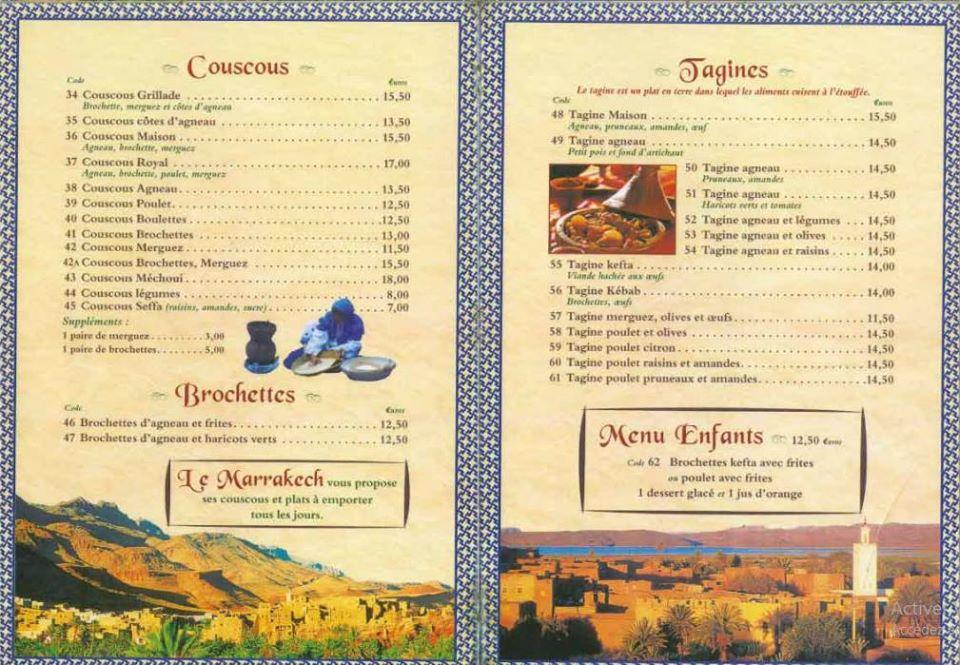 Menu at Le Marrakech restaurant, Breuillet