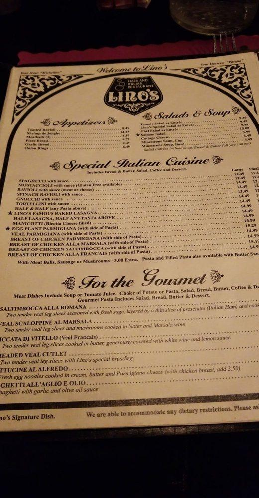 Menu at Lino's pizzeria, Rockford