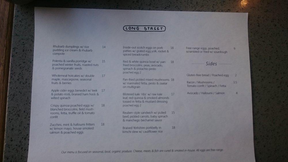 Menu at Long Street cafe, Richmond, 45 Little Hoddle St