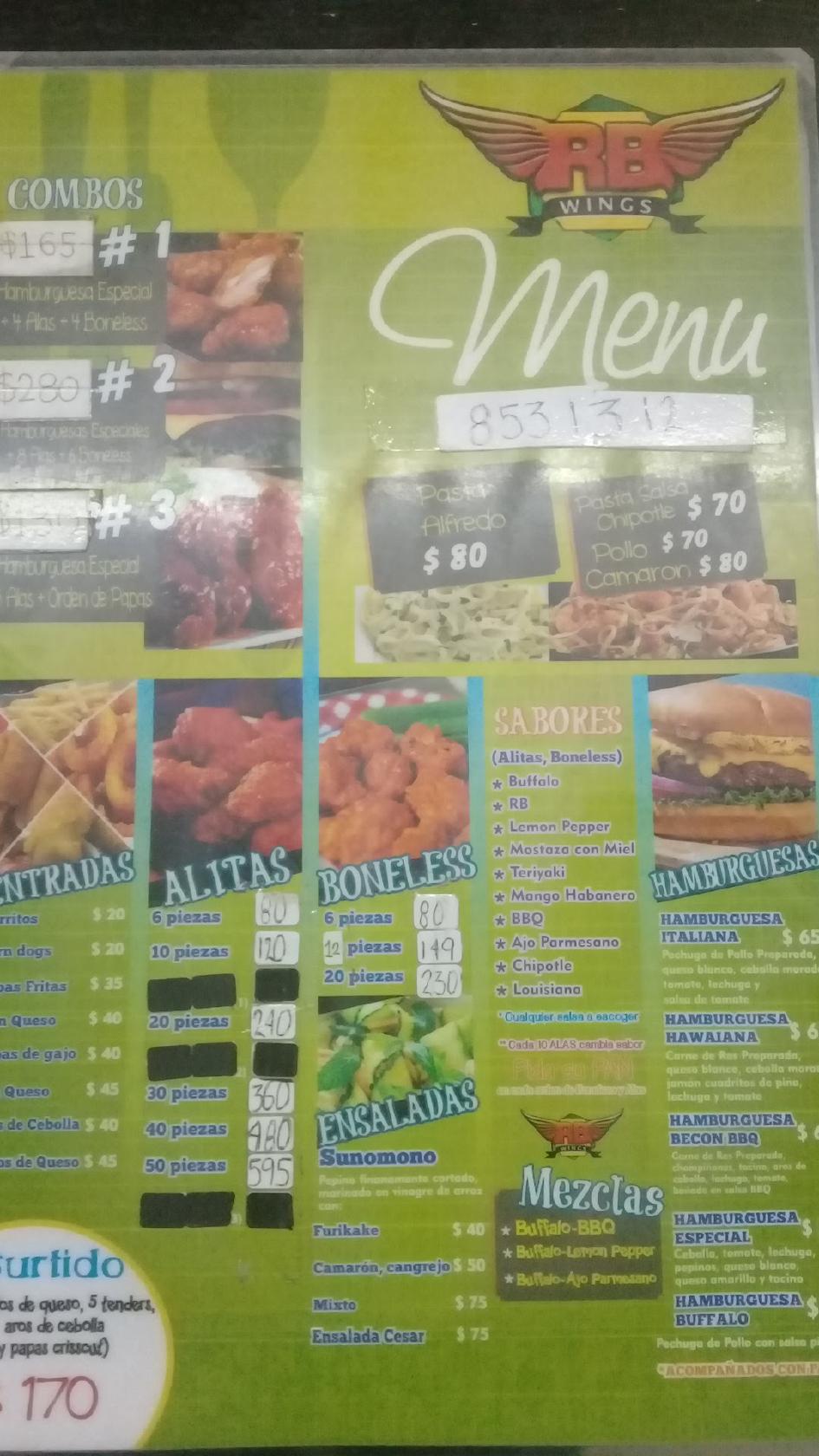 Menu at RB WINGS restaurant, Río Bravo