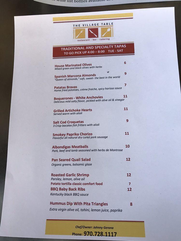 Menu at The Village Table restaurant, Telluride