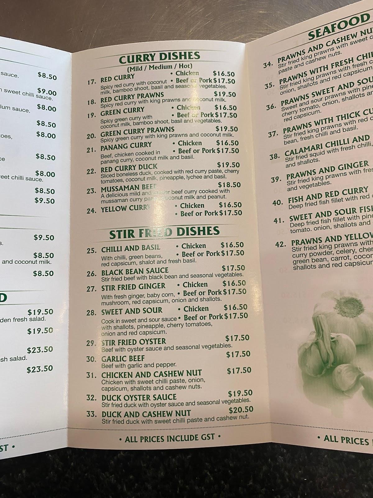Menu at Thub Thim Thai restaurant, Gunnedah