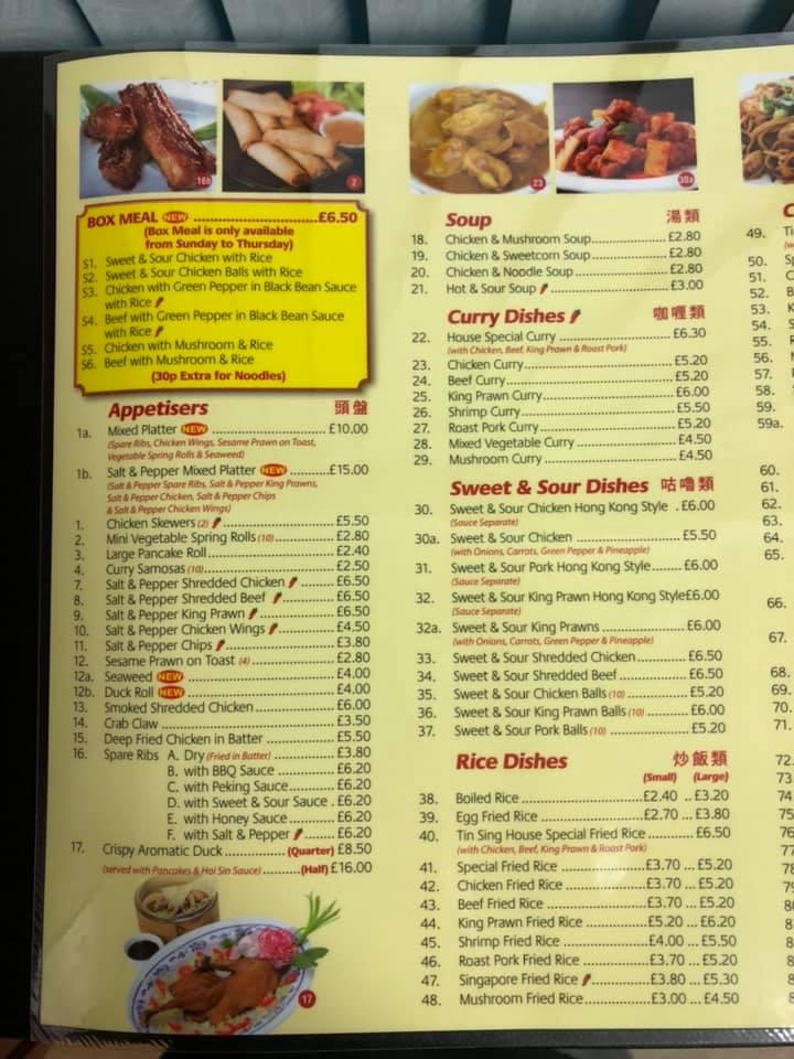 Menu at Tin Sing fast food, Grantham