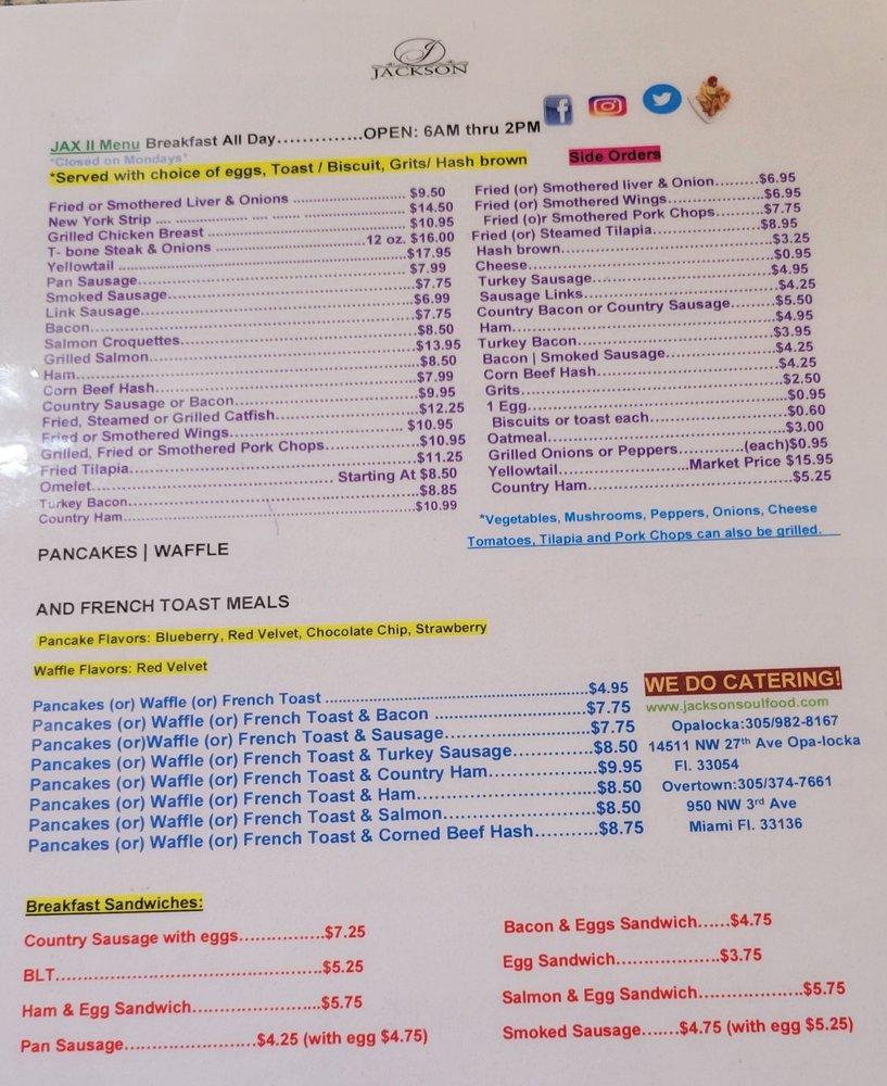 Menu at Jackson Soul Food II restaurant, Opa-locka