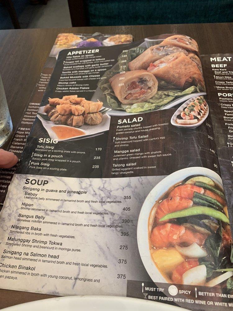 Menu at Mesa Filipino Moderne BBQ, Makati, 5 Legazpi Street