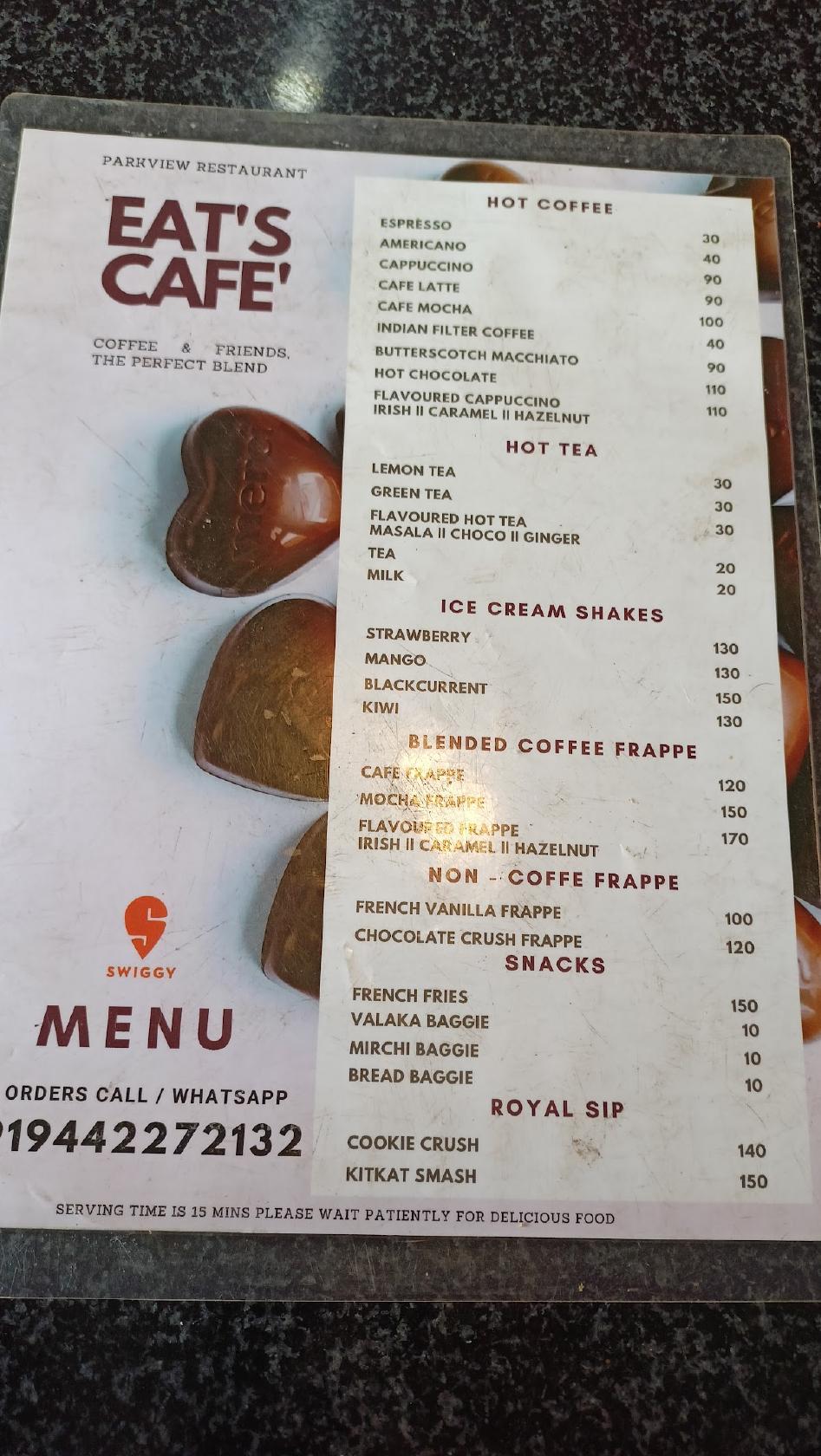 Menu at PARK VIEW RESTAURANT/ EATS CAFE, Coonoor