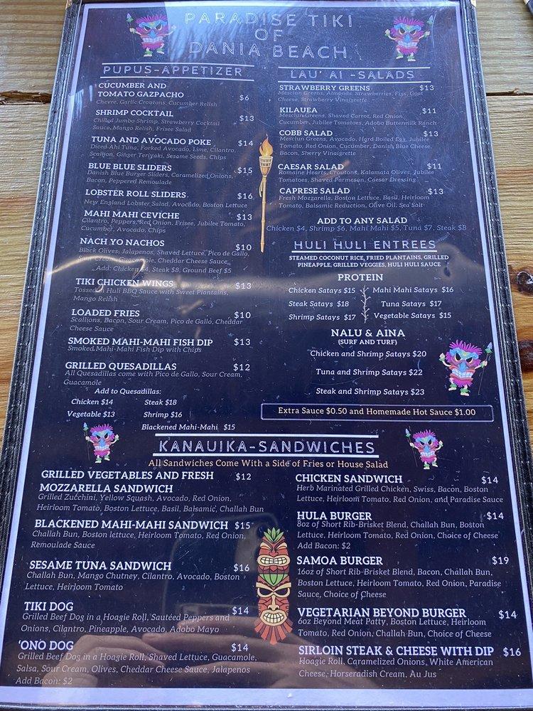 Menu at Paradise Tiki of Dania Beach pub & bar, Dania Beach