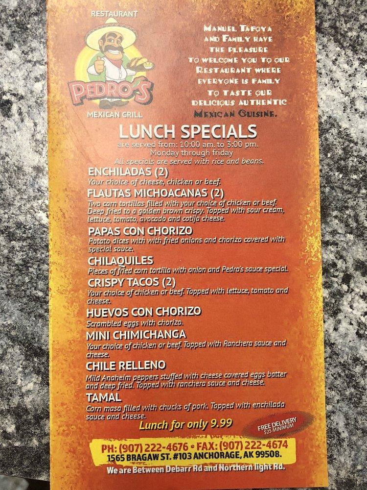 Menu at Pedro's Mexican Grill restaurant, Anchorage