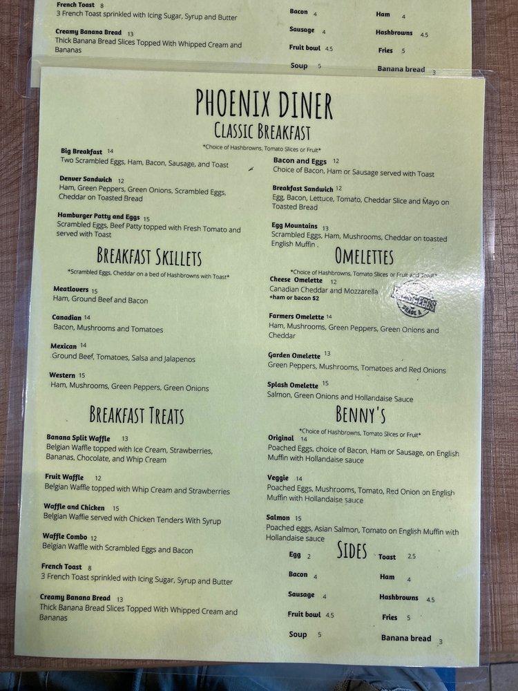 Menu at Phoenix Diner restaurant, Edmonton