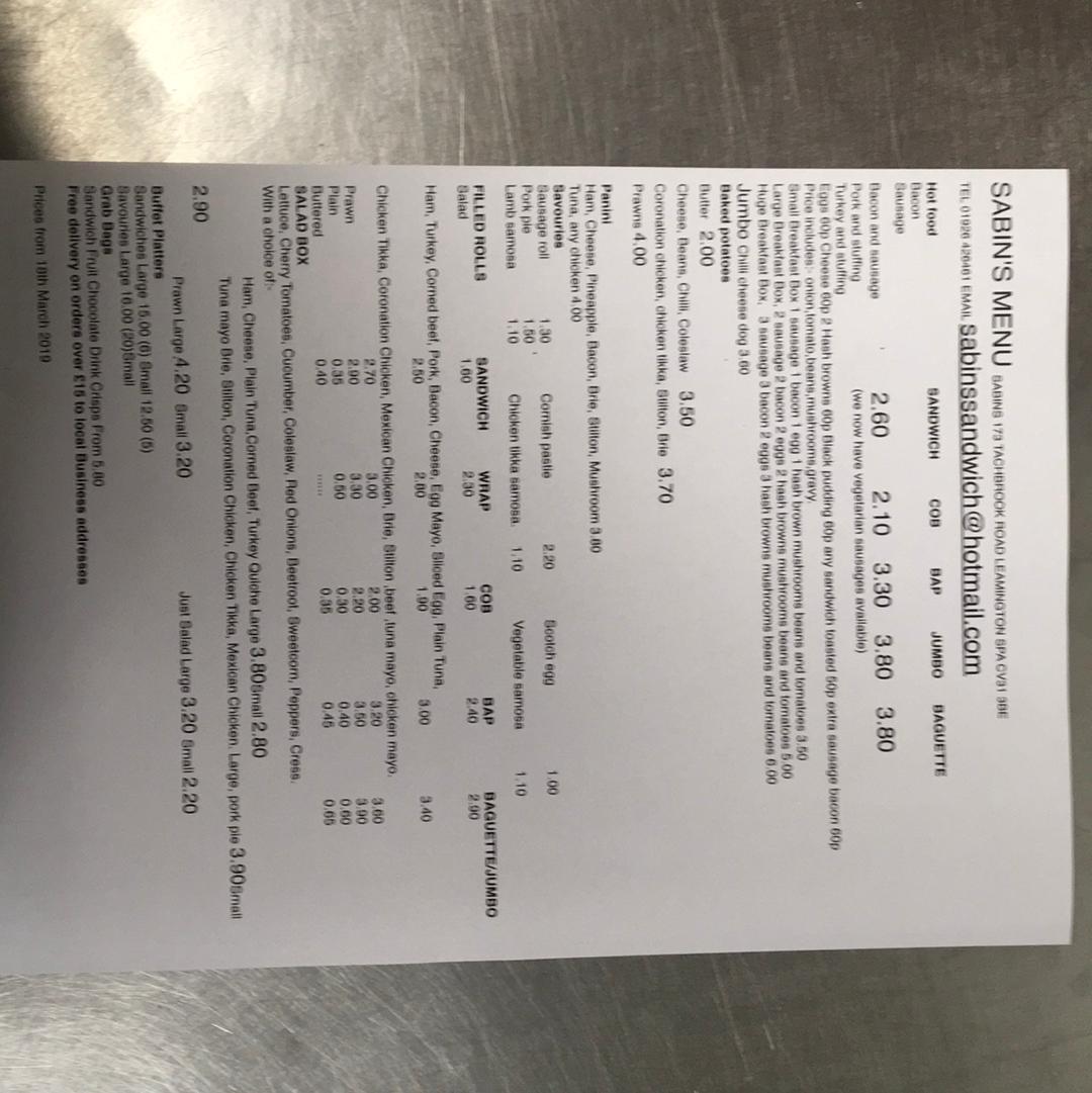 Menu at Sabins sandwich shop restaurant, Royal Leamington Spa