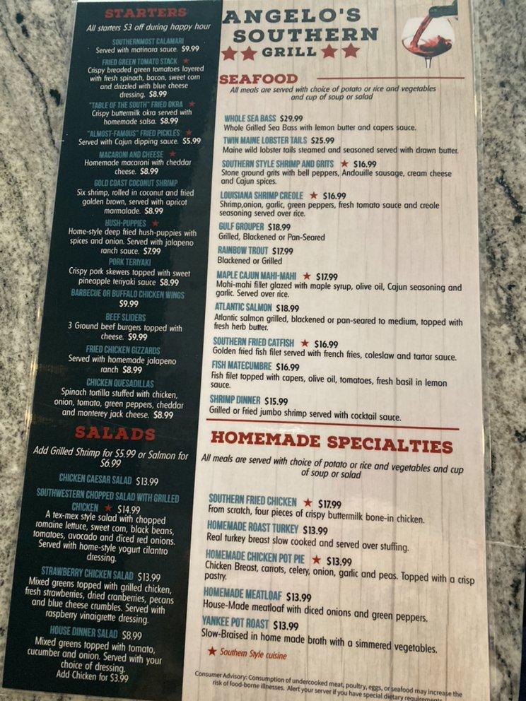 Menu at Angelo's Southern Grill restaurant, Naples