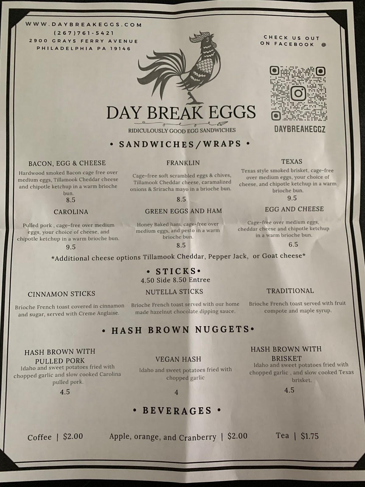 Menu at Day Break Eggs restaurant, Philadelphia
