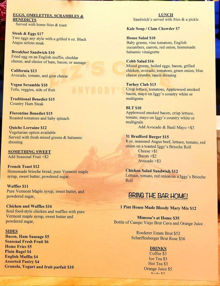 Menu at Liz's Cafe Anybody's Bar, Provincetown
