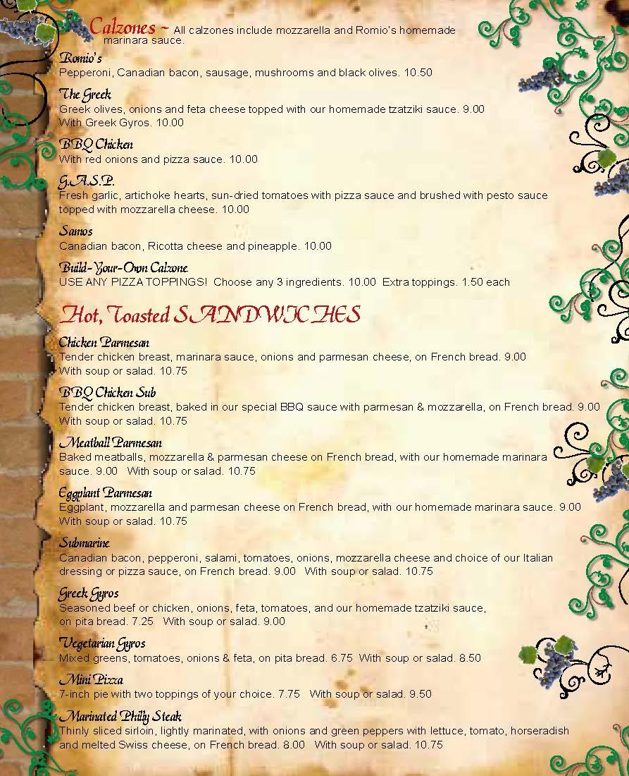 Menu at Romio's Pizza & Pasta pizzeria, Ontario