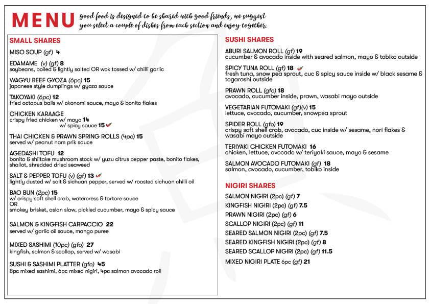 Menu at Sakana Modern Asian restaurant, Townsville