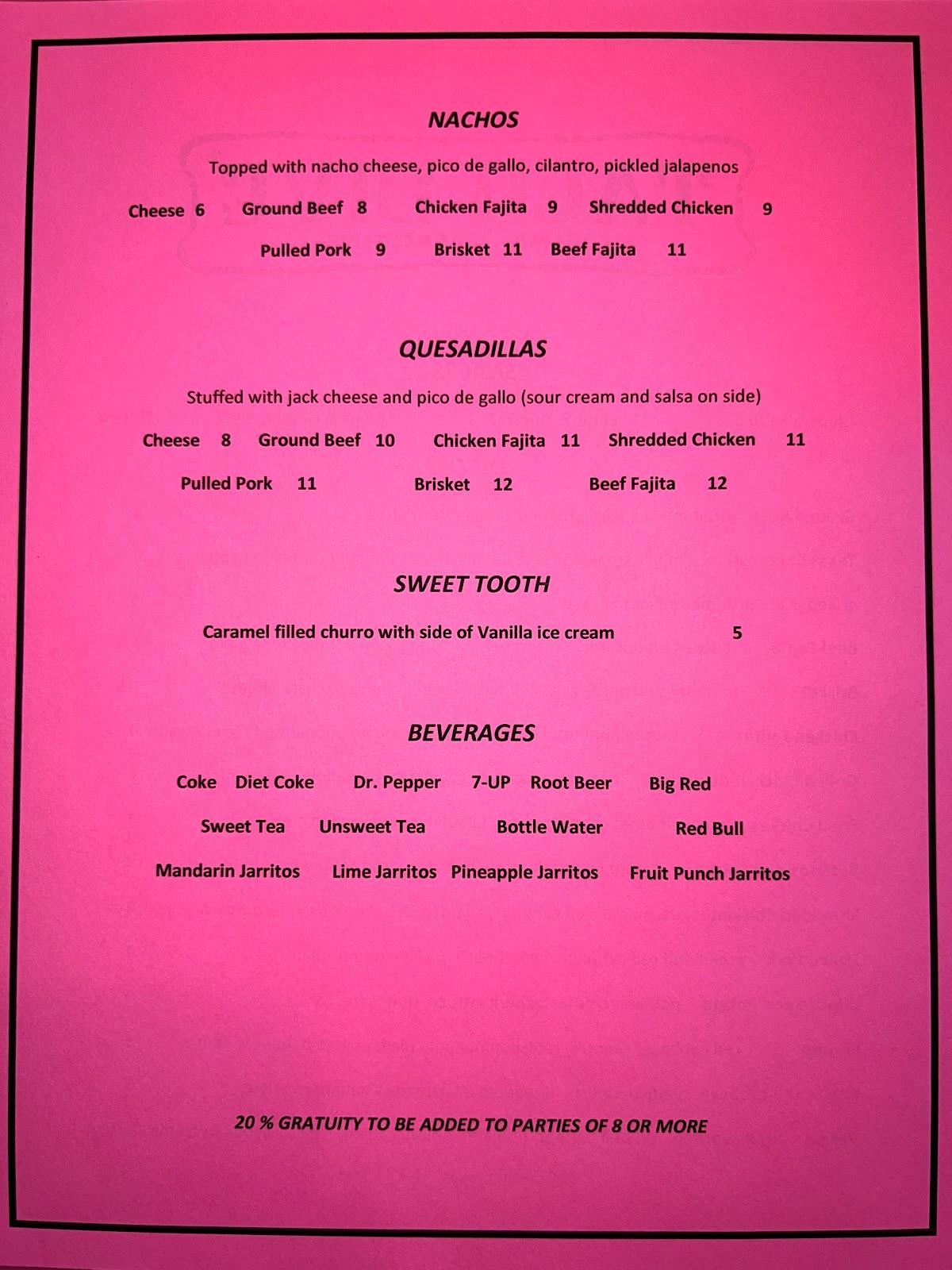 Menu at Taco Dive restaurant, Winnsboro