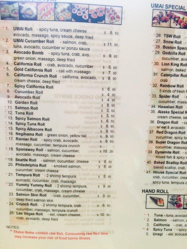 Menu at Umai Bento restaurant, Spanaway