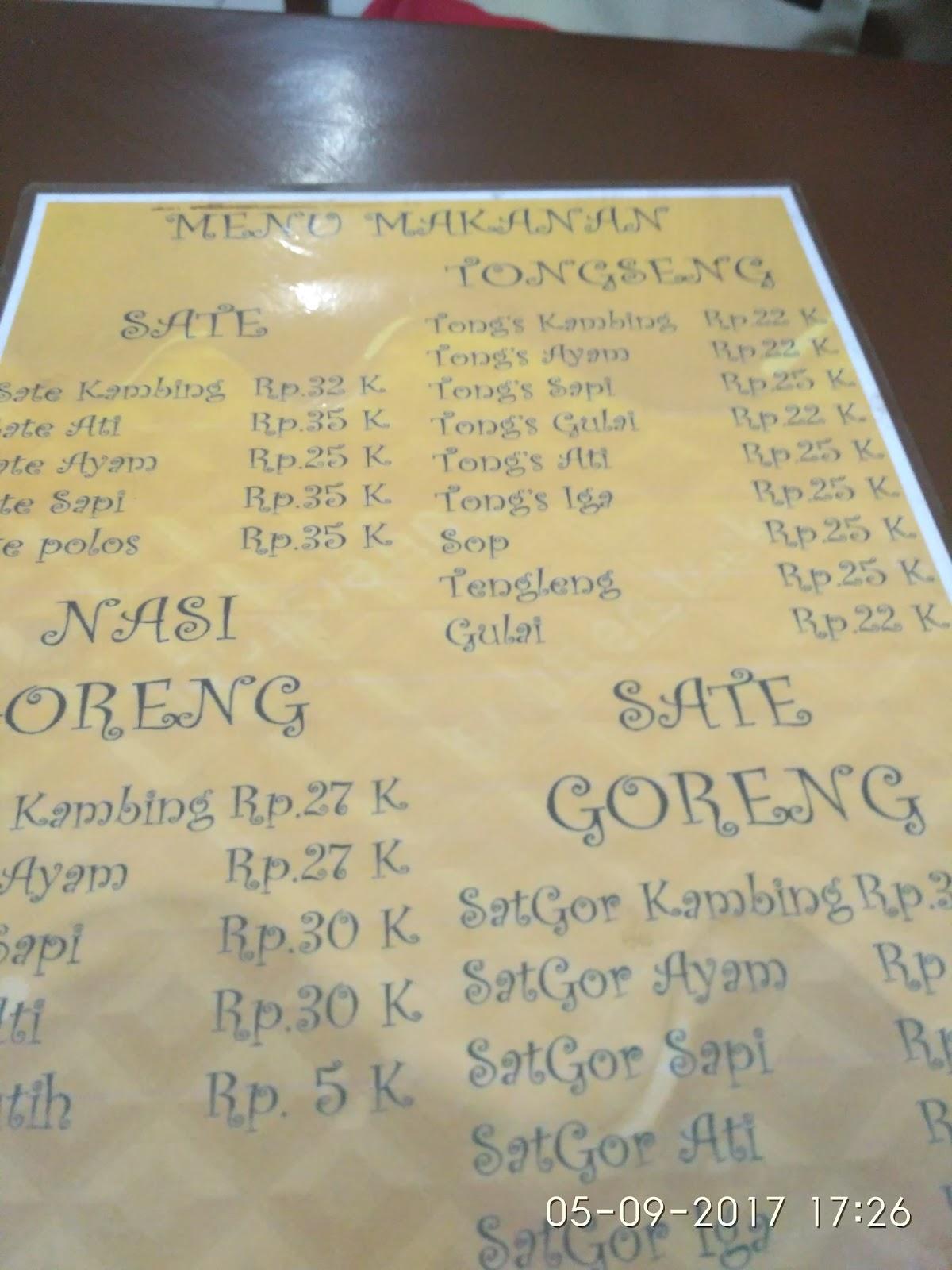 Menu at Warung Sate & Tongseng Pak Syam restaurant, East Jakarta