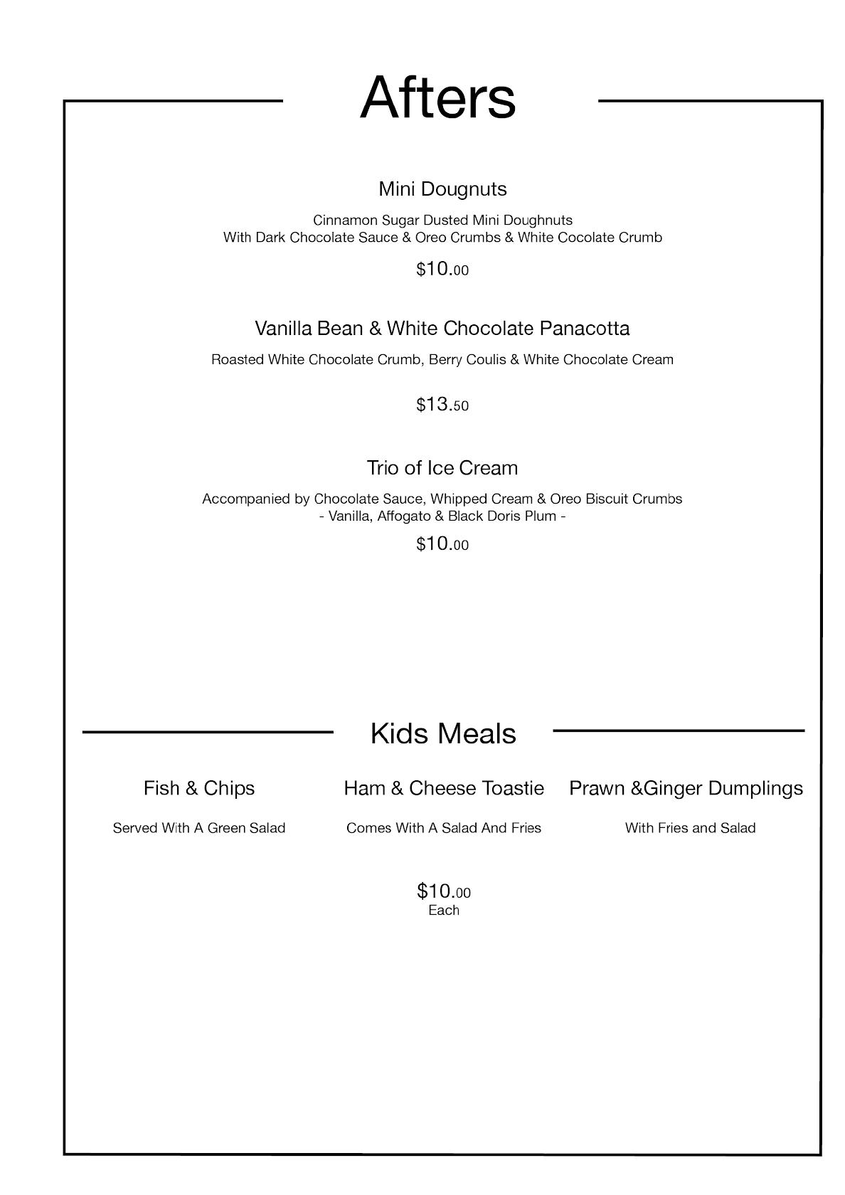 Menu at Aro Bar, Upper Hutt