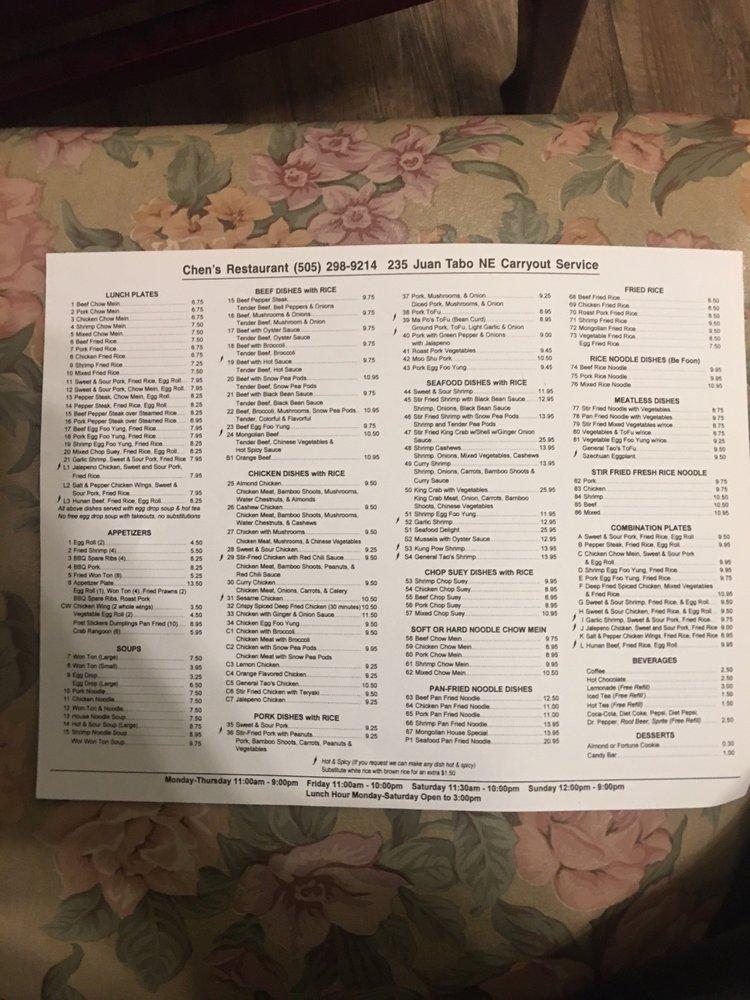 Menu at Chen's Chinese Restaurant, Albuquerque