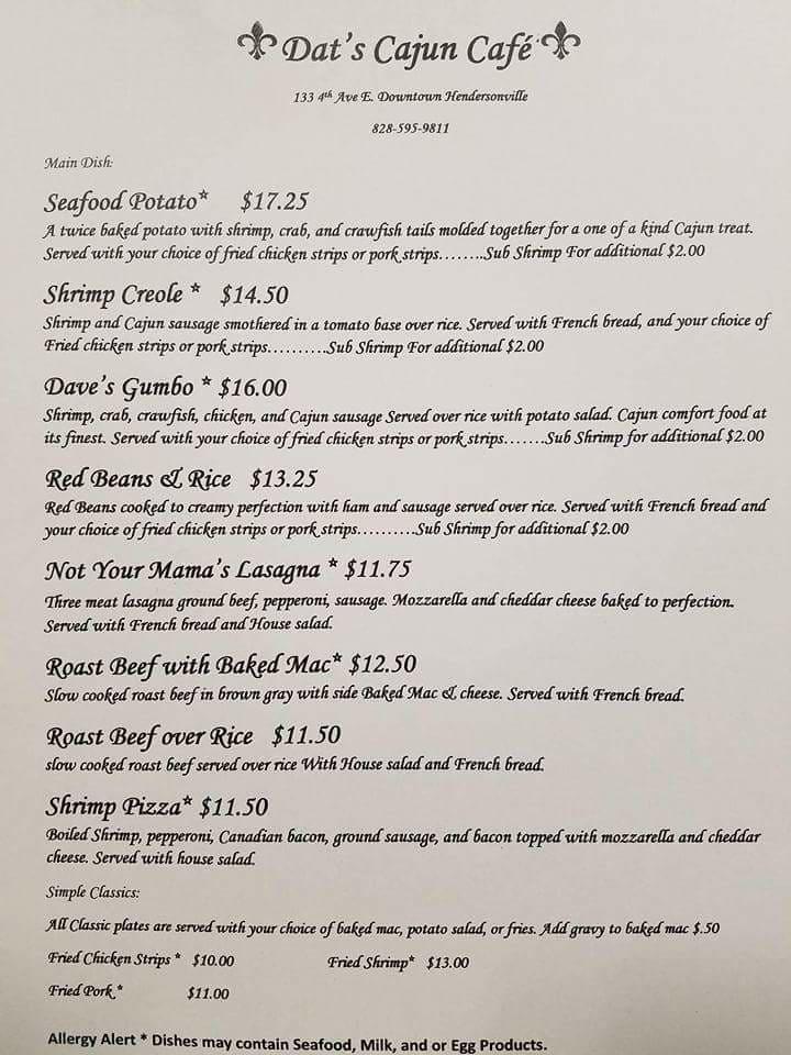 Menu at Dat's Cajun Cafe, Hendersonville