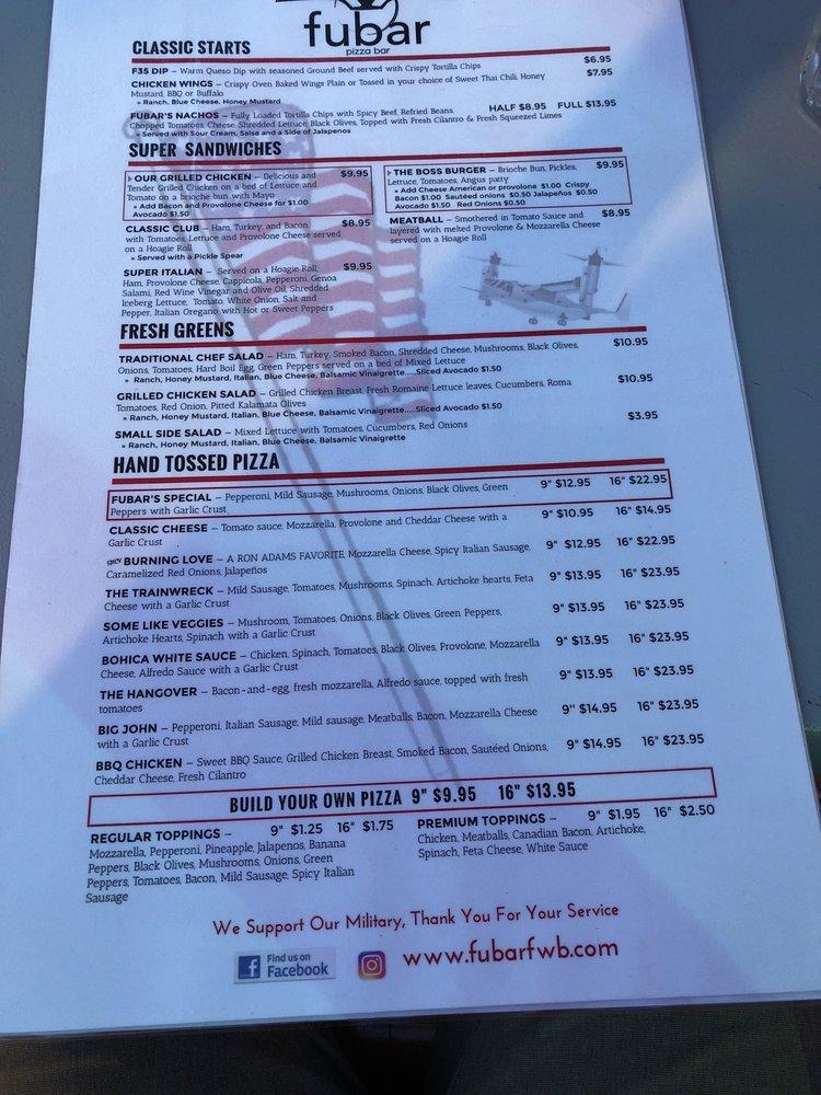 Menu at FUBAR Pizza Bar, Fort Walton Beach